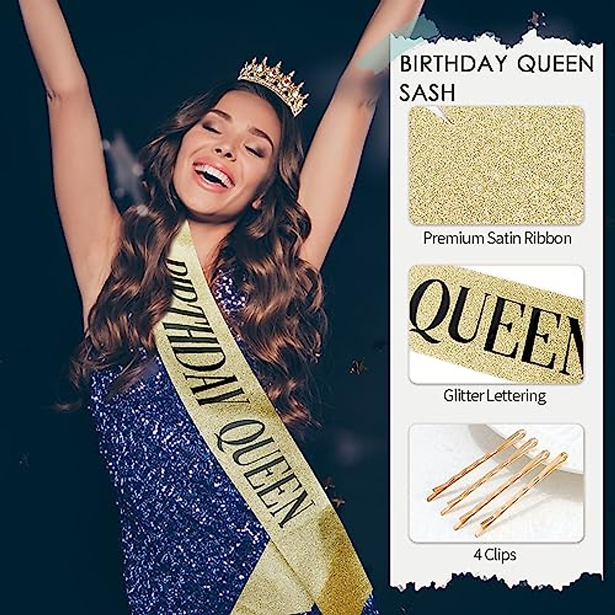 KICOSY Crowns for Women Birthday Queen Sash & Crystal Crown Set Gold Birthday Tiara Birthday Crowns for Women Rhinestone Headband Birthday Sash and Tiara for Women Girls Birthday Decoration