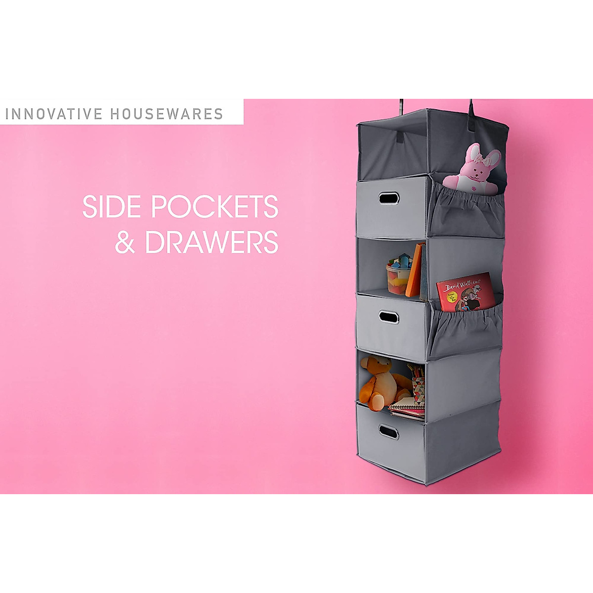 Closet Organizer Hanging Shelves, 6 Shelf Closet Storage with 5 Storage Drawers & Purpose Made Pockets, Jewelry Shoe Organizer Drawer Organizers, Perfect for Organization and Storage (Dark Grey)