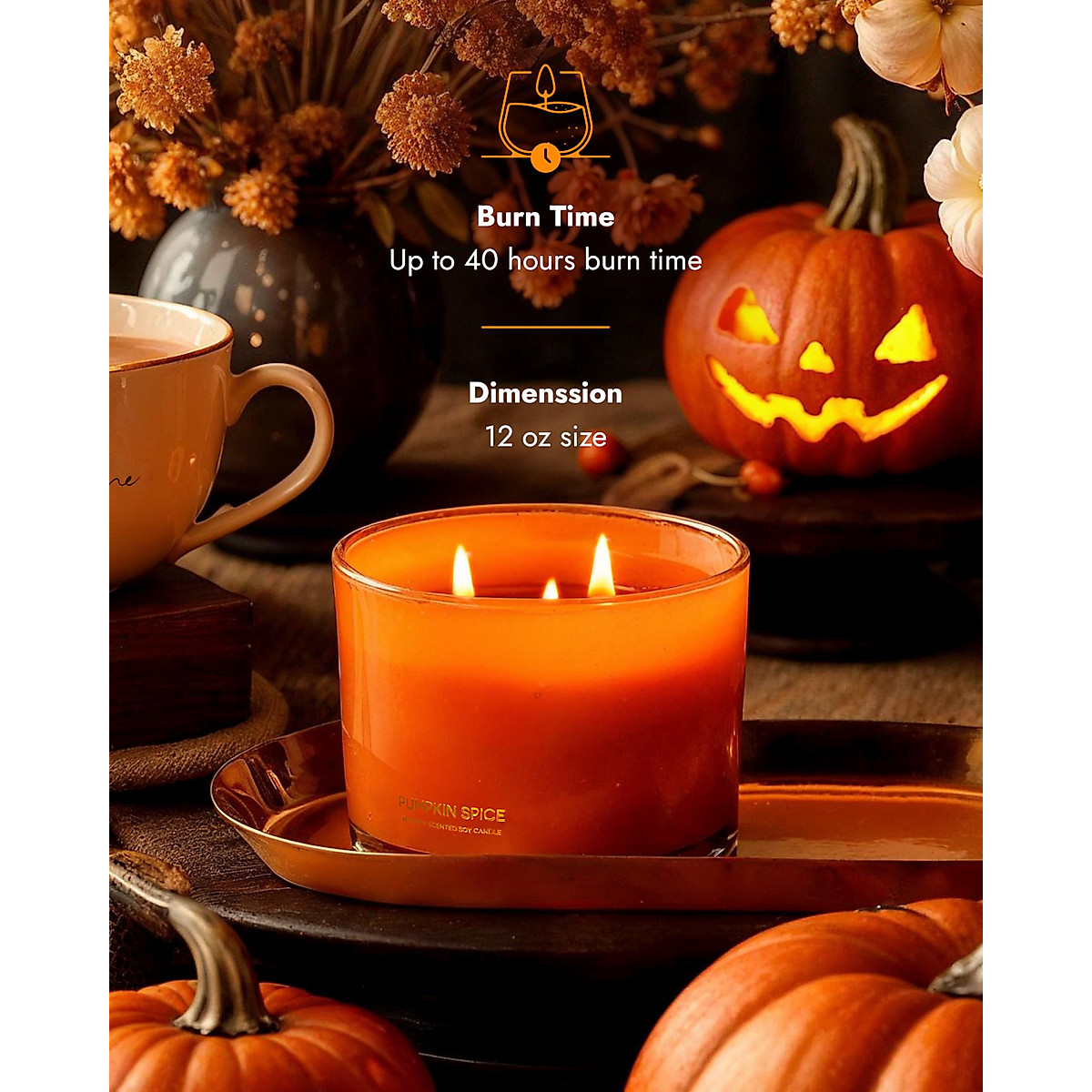 96NORTH Luxury Pumpkin Soy Candle | Large 3 Wick Jar Candle | Halloween & Fall Decor | Up to 40 Hours Burning | 100% Natural Soy Wax | Relaxing Aromatherapy Candle | Halloween Fall Candle Gift