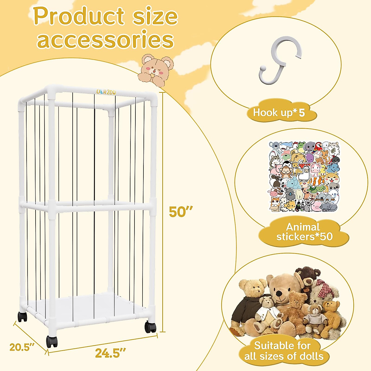HAIDAIYA Extra Large Stuffed Animal Zoo Cage with Wheel, Stuffed Animal Storage Shelves Display, Plush Animal Storage Holder for Stuffed Animals, Playroom, Bedroom, Nursery, Kids Toy Storage Organizer