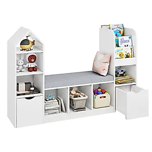 Vabches Kids Bookcase and Bookshelf with Reading Nook, Multifunctional Bookcase with 7 Storage Cubbies 2 Movable Drawers, Bookcase with Seat Cushion for Toy Storage Organizer Children's Room, Bedroom