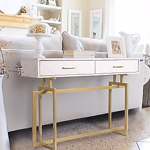 3imothrix Console Table with 2 Drawers, 39.37" Narrow Entryway Table Sofa Table for Hallway, Entrance Hall, Foyer, Corridor, Living Room, Faux Marble, Gold Base