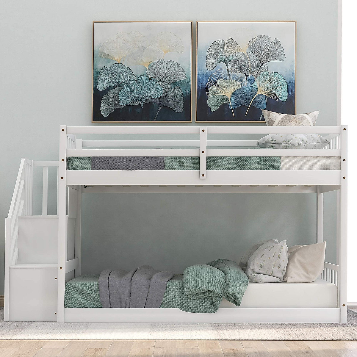 SOFTSEA Twin Over Twin Low Bunk Bed with Stairs Solid Wood Floor Bunk Beds for Boys and Girls Floor Bunk Bed No Box Spring Required (White)