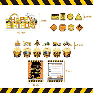 Construction Birthday Party Supplies, 207 Pcs Dump Truck Party Decoration For Boys Kids Birthday Party - Banner, Cake and Cupcake Toppers, Forks, Knives, Spoons, Straws, Plates, Balloons, Invitation Cards, Tablecloth, Party Signs, Cups, Napkins Serves 16