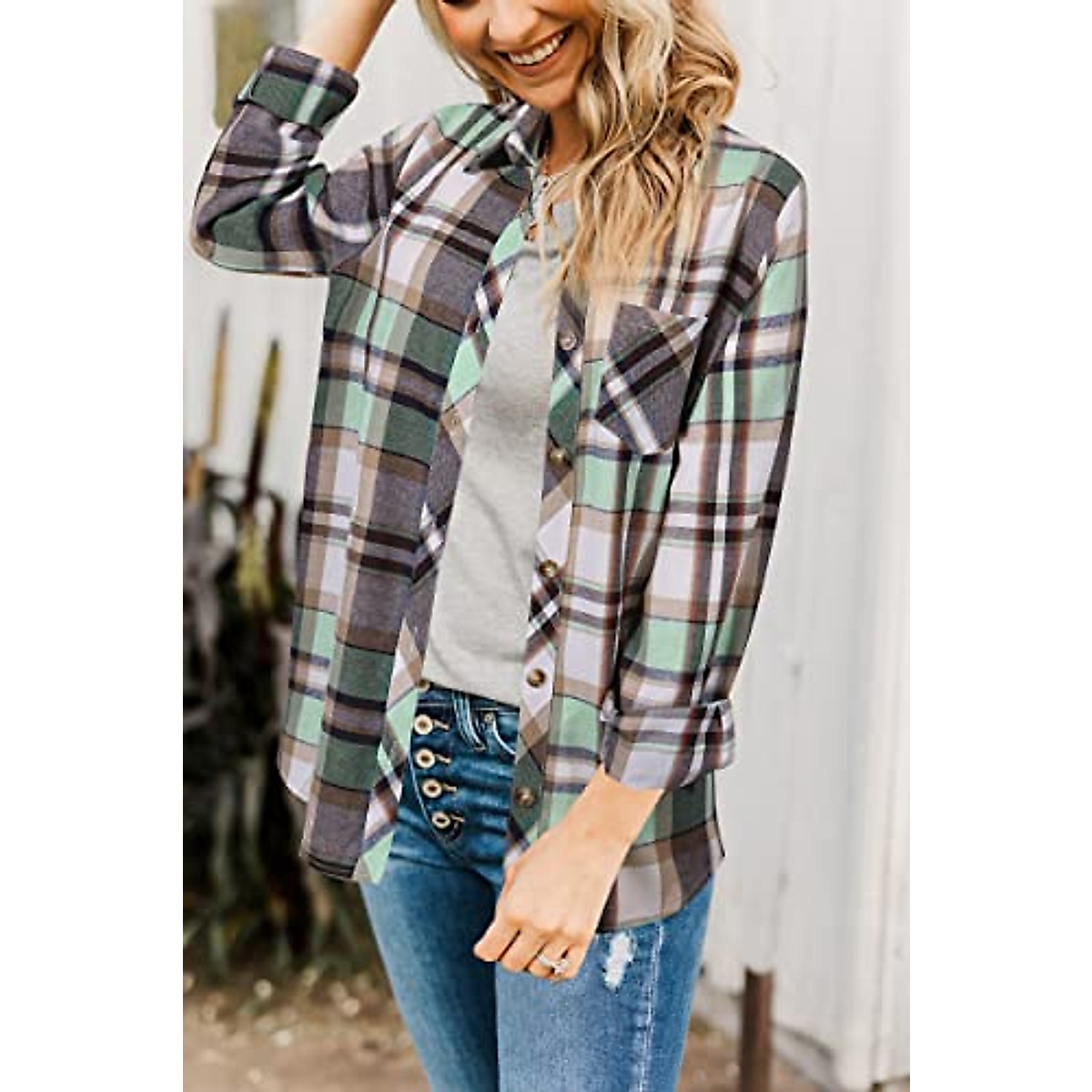 Hibluco Women's Fall Plaid Flannel Shacket Jacket Long Sleeve Button Down Shirt Light Green