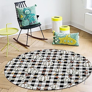 Plaid Pumpkin Large Area Rugs Carpet 5 Feet for Bedroom Living Room,Accent Throw Kitchen Hallway Bathroom Runner Rug Low Pile Entryway Door Mat Floor Doormat,Fall Thanksgiving Buffalo Plaid Leaves