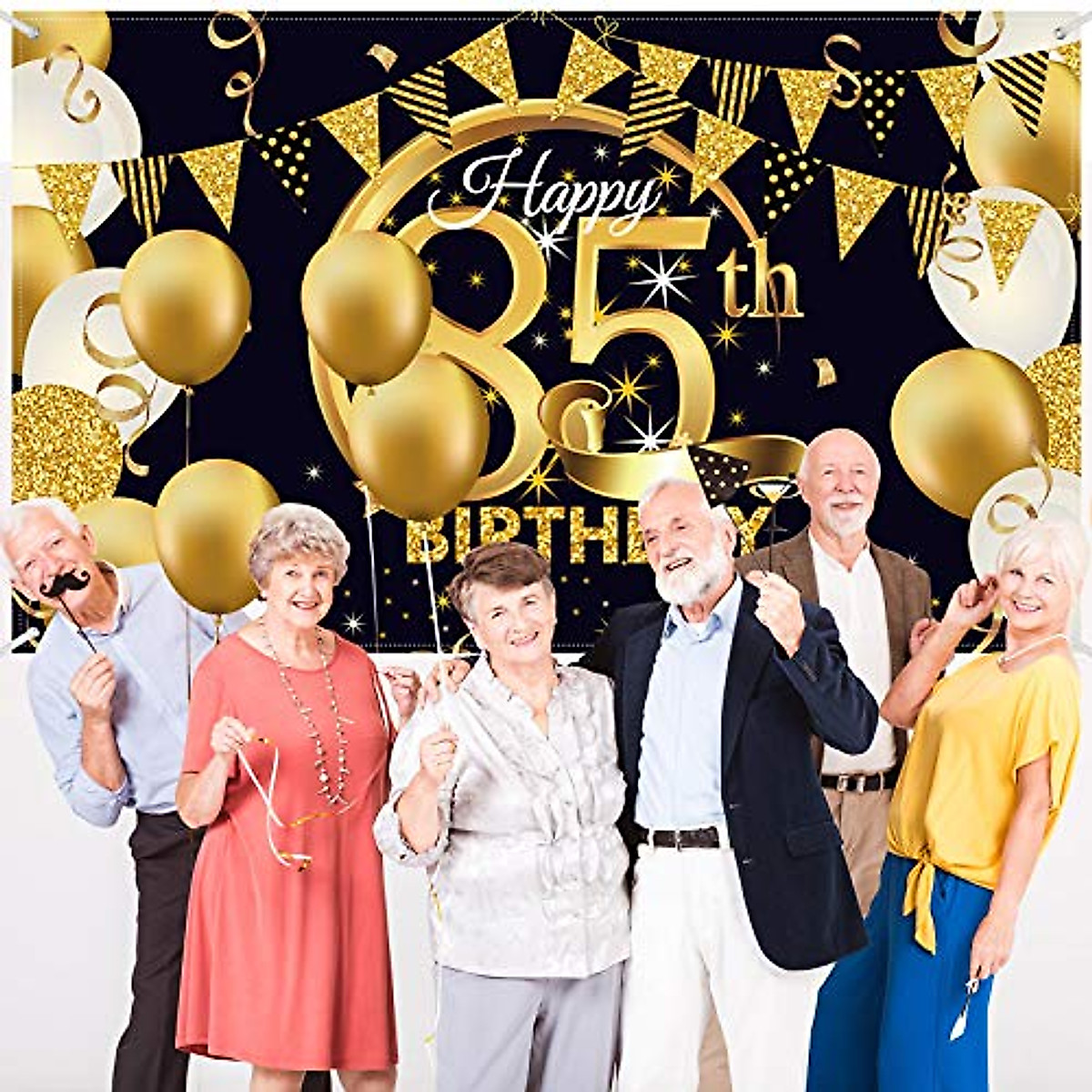 Birthday Party Decoration Extra Large Fabric Black Gold Sign Poster for Anniversary Photo Booth Backdrop Background Banner, Birthday Party Supplies, 72.8 x 43.3 Inch (85th)