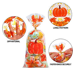 DERAYEE 120 Pieces Fall Cellophane Treat Bags, Fall Gift Bags Goodie Bags of Fall leaves for Kids Autumn Party Favor Supplies