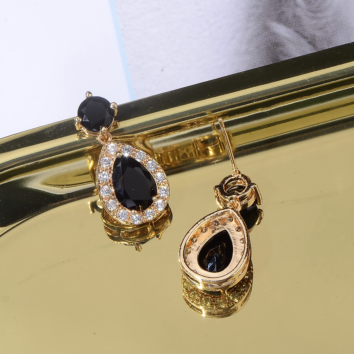 Gold Black CZ Teardrop Dangle Earrings for Women Small Sterling Silver Halo Round Pear Shaped Crystal Cubic Zirconia Birthstone Bridal Drop Earrings for Wedding Bride