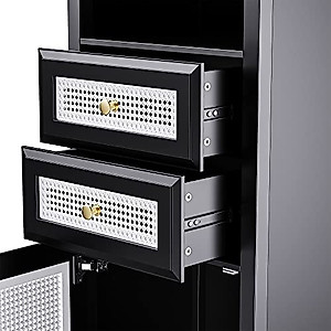 OPTOUGH Boho Style Slim Tall Storage Narrow Bathroom Corner Rattan Door Mid Century Modern Tower Freestanding Cabinet Organizer with Metal Handles for Kitchen, Living Room, Bedroom, Black