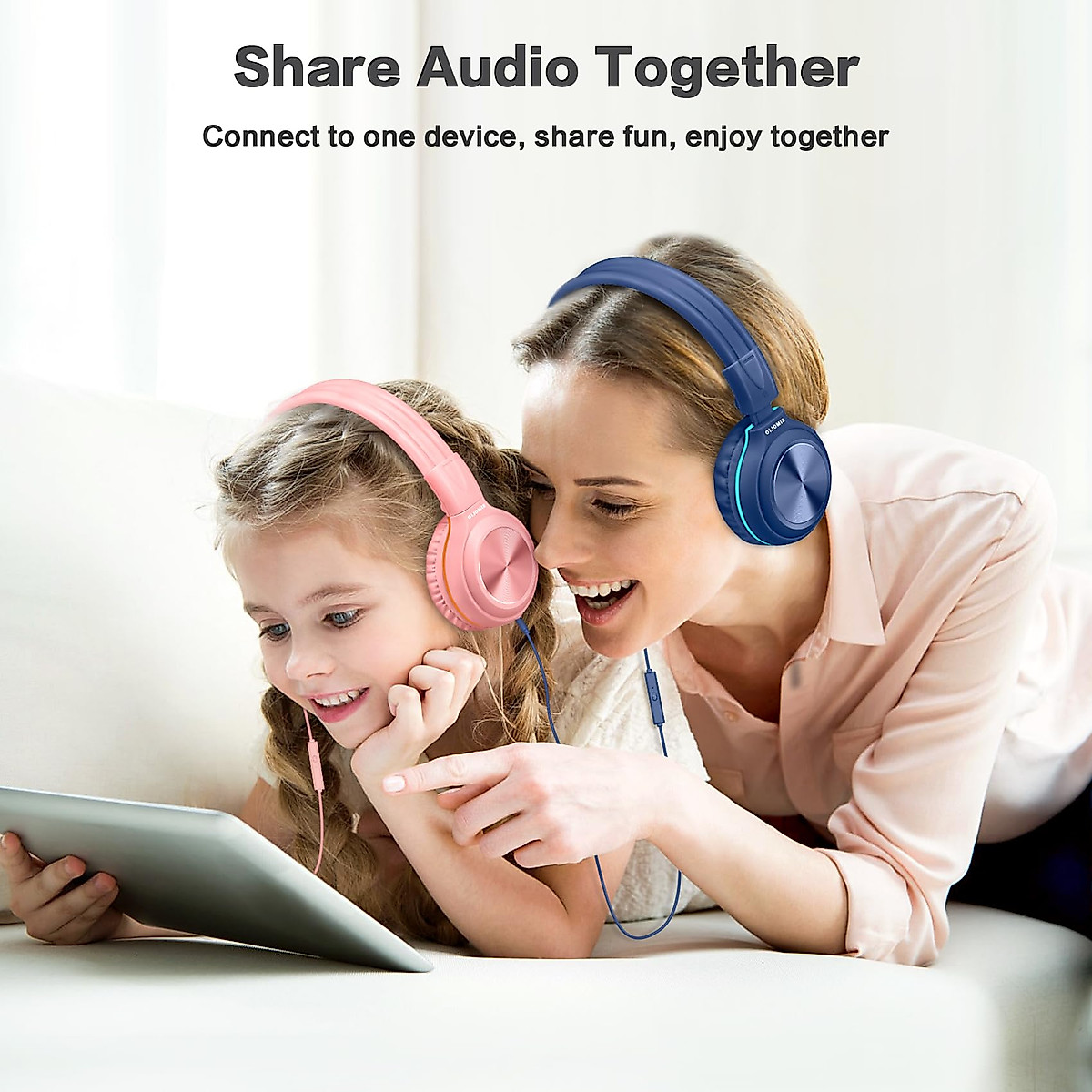 SIMOLIO Wired Kids Headphones for School with Microphone, Volume Limiting & Noise Cancelling PC Headset with Cord, Plug in Headphones for Tablet, Headphones with Cord for Laptop (Navy Blue)