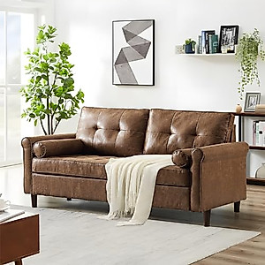 JEEOHEY Small Couch, 60 Inch Mid-Century Modern Faux Leather Upholstered Loveseat Sofa Furniture for Small Space, Living Room, Bedroom, 2 Throw Pillows, Rolled Arm, Back Cushion, Brown
