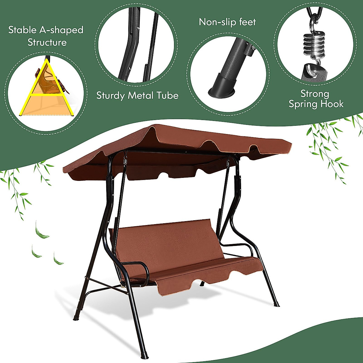 DREAMADE Porch Swing Outdoor, Patio Swing w/Removable Cushion, 3 Person Swing w/Stand & Adjustable Canopy, Heavy Duty Swing Chair for Patio, Garden, Courtyard, Poolside