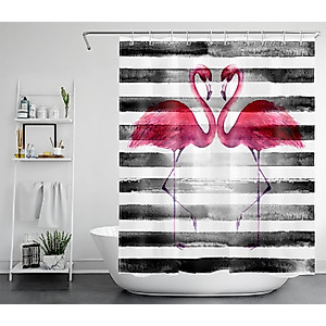 LB Cute Pink Flamingo Shower Curtain Black and White Striped Shower Curtain Set Simple Geometric Shower Curtains for Bathroom with Hooks,Waterproof Fabric 60x72inch