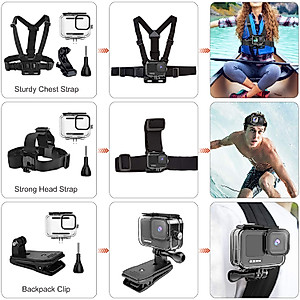 52 in 1 Accessories Kit, Waterproof Case + 3 Filters + Chest/Head/Wrist Strap+ Bike/Backpack Clip + Floating Grip + Rubber Case