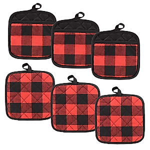 6 Pieces 100% Classic Check Pattern Potholder ， Heat Resistant with Pocket for Easy Grip. (Red Plaid)