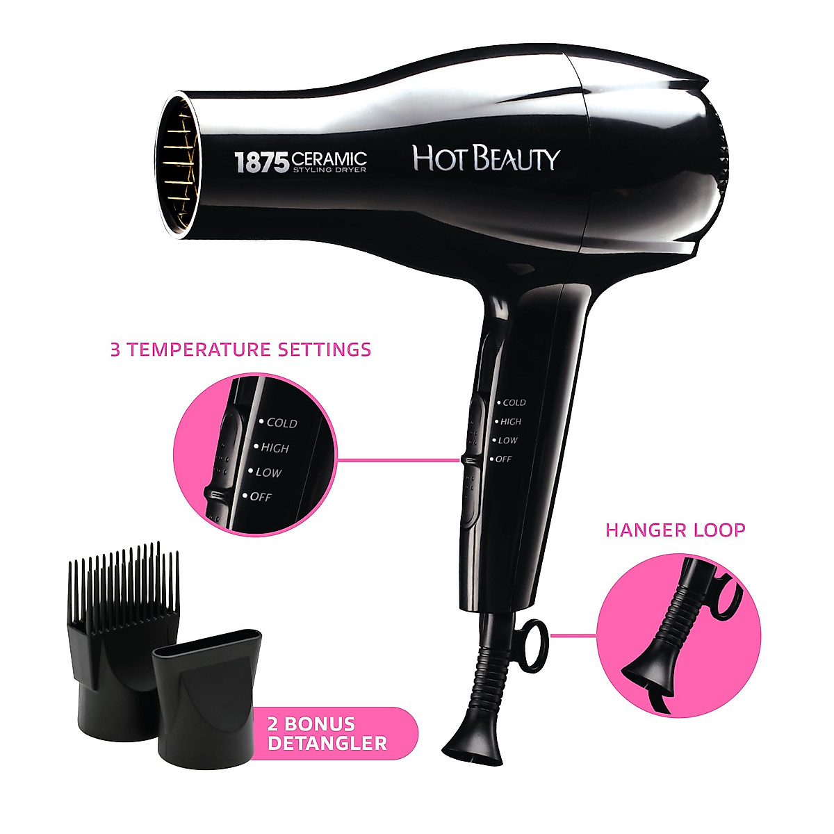 Hot Beauty 1875 Ceramic Styler Hair Styling Blow Dryer 2 Attachments Included Lightweight and Fast Dry Multi Heat Speed Setting Perfect Size for Home or Travel