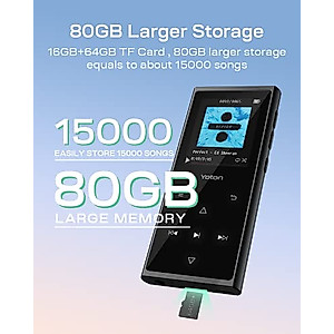 80GB MP3 Player with Bluetooth, YOTON Music Player with Speaker and 1.8'' Curved Screen, HiFi Sound, FM Radio, Voice Recorder, E-Book, Pedometer, Stopwatch, TF Card and Earphones Included