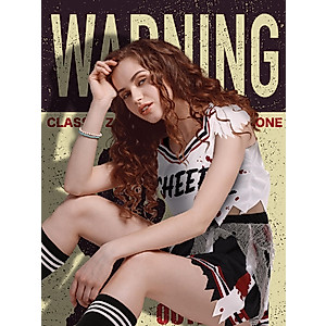 Xtinmee Halloween Zombie Cheerleader Costume for Women Girls Scary Cheerless Bloody Dress Pom Poms Hair Ropes Striped Socks (XL)
