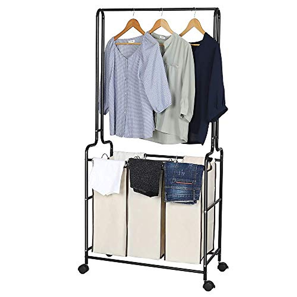 Laundry Sorter Cart 3 Section with Hanging Bar Heavy Duty Laundry Basket on Wheels Rolling Laundry Hamper with Removable Bags