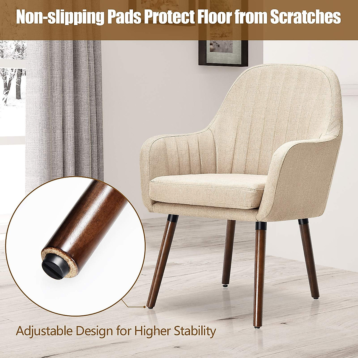 Giantex Set of 4 Fabric Dining Chairs, Accent Upholstered Arm Chair w/Wood Legs, Thick Sponge Seat, Non-slipping Pads, Modern Leisure Chair for Dining Room, Living Room, Bedroom (4, Beige)