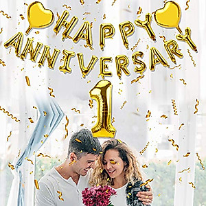 Yoaokiy 1 Year Anniversary Balloon Decorations, Happy 1st Anniversary Party Supplies - Gold Glitter 1 Year Anniversary Balloon Banner with 2 Heart Foil, 1st Wedding Anniversary Supplies Decorations