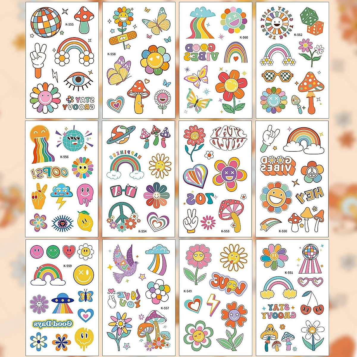 Konsait Groovy 70s Temporary Tattoos for Kids, 90 Pcs Glow in Dark Hippie Tattoos Stickers Flower Rainbow Butterfly Love and Peace Face Tattoos for Girls Flower Power Birthday Party Favor Supplies