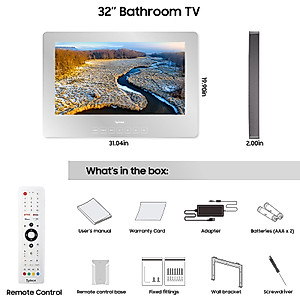 SYLVOX 32 inch Bathroom TV, 1080P Smart Mirror TV Google System NTSC & ATSC Tuner Support WiFi Bluetooth 500 nits High Brightness, IP66 Waterproof TV for Bathroom Bathtub Hotel Shower Spa (Wall Mount)