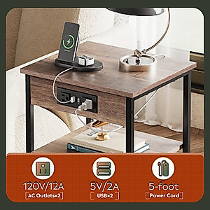 WLIVE Side Table with Charging Station and USB Ports, Small End Tables for Small Spaces, 3-Tier Nightstand with Adjustable Shelf, Bedside Tables, Living Room, Bedroom, Brown