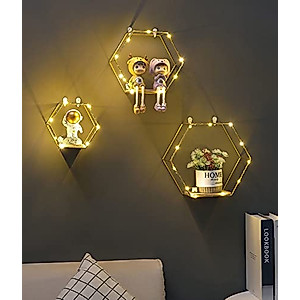 Liywall - Hexagon Floating Shelves Wall Decor, Gold Metal Wire and Wood Wall Mounted Storage Shelf Home Decorations Art for Bedroom Living Room Kitchen Bathroom, Set of 3 with LED Lights
