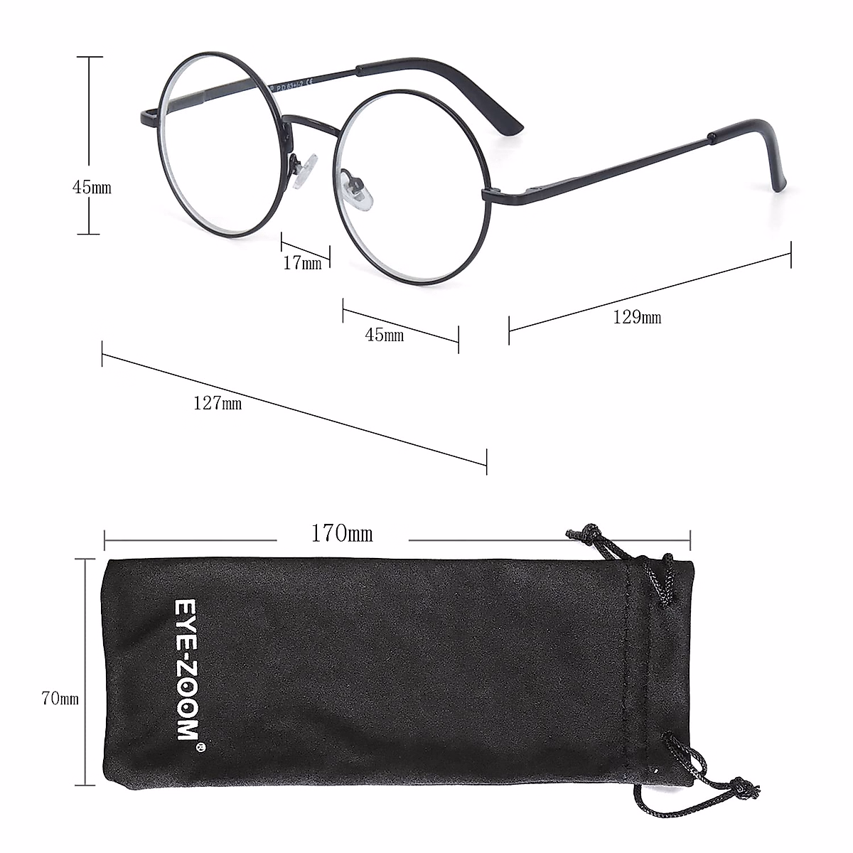 EYE ZOOM 3 Pack Metal Frame Round Reading Glasses with Spring Hinge (Black, Silver and Gunmetal, +2.00 Strength)