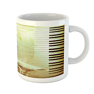 Lunarable Music Mug, Print of Piano Keys on Background with Music Notes Image Nostalgia Jazz Theme, Printed Ceramic Coffee Mug Water Tea Drinks Cup, Pale Yellow Black