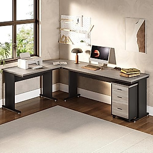 LITTLE TREE 82.67" Long Executive Desk with Drawers, Large L-Shaped Office Desk with Mobile File Cabinet, Farmhouse Computer Office Furniture Work Desk with Storage for Home Office, Gray