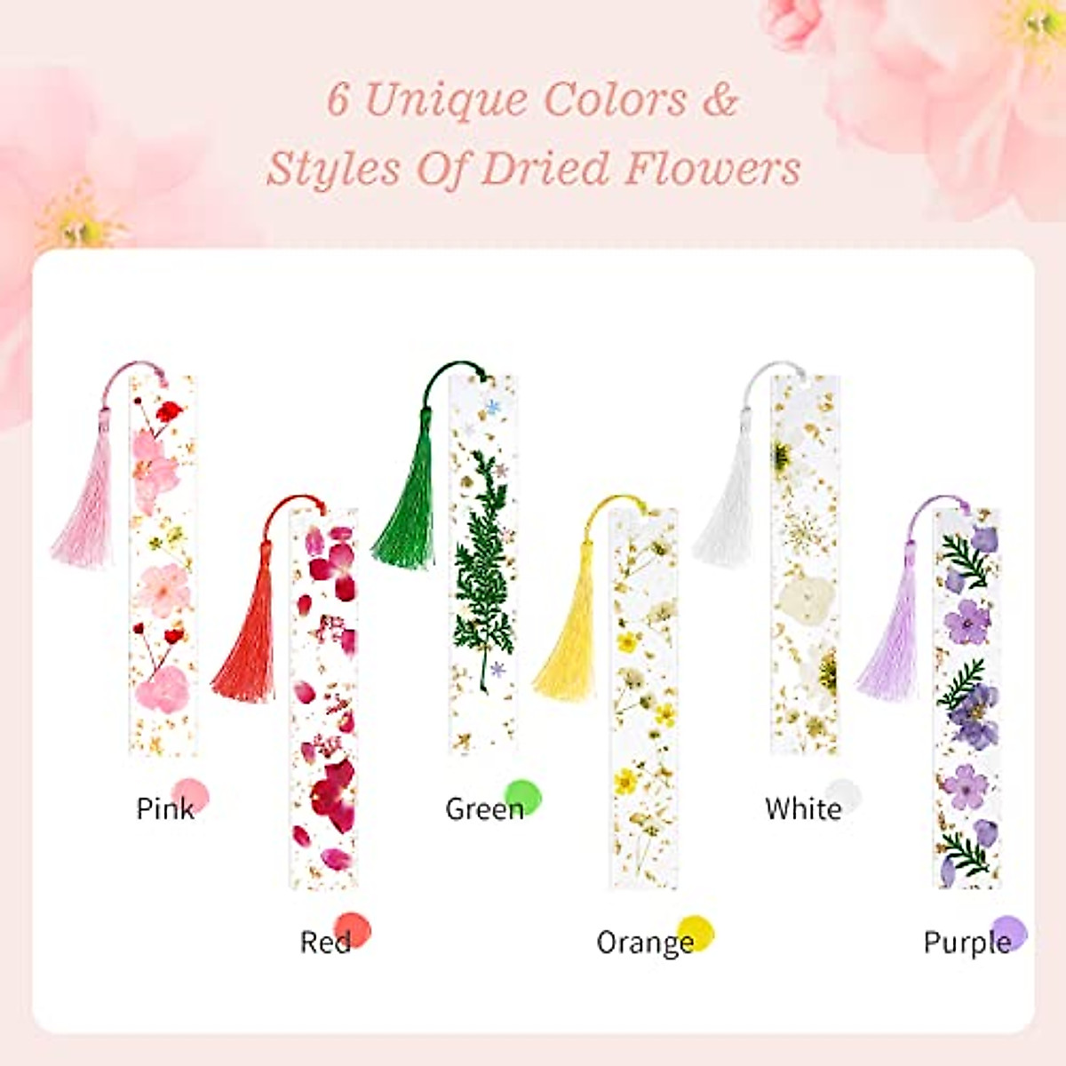 Leezmark 6 Pcs Pressed Flower Bookmark, Handmade Dried Flower Resin Bookmark, Aesthetic Bookmark Pretty Book Markers with Tassels, Reading Gifts for Book Lovers, Cute Bookmarks for Girls Women
