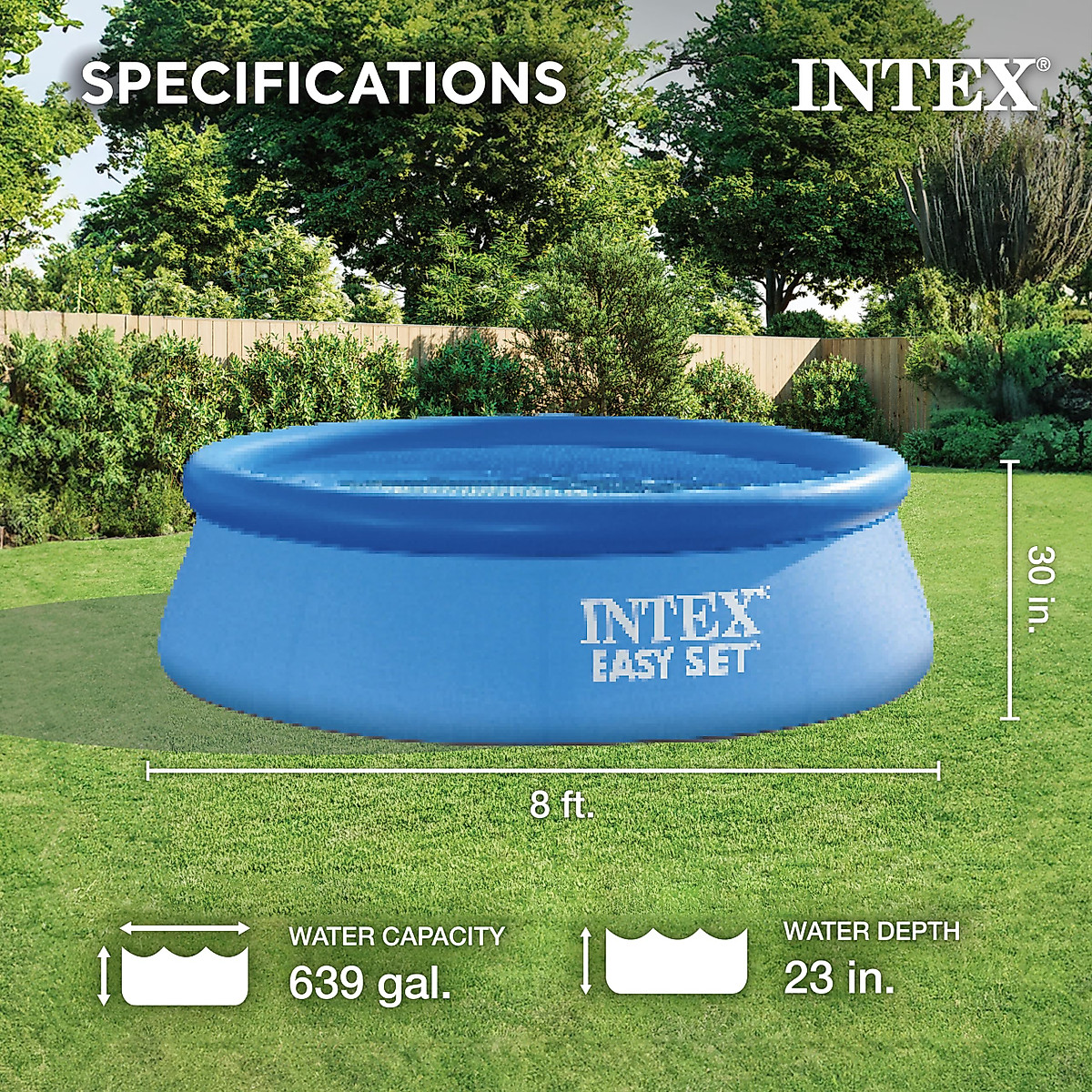 Intex 8' x 30" Easy Set Inflatable Above Ground Portable Outdoor Family Swimming Pool with Cartridge Filter Pump with GFCI and Vinyl Round Cover Tarp