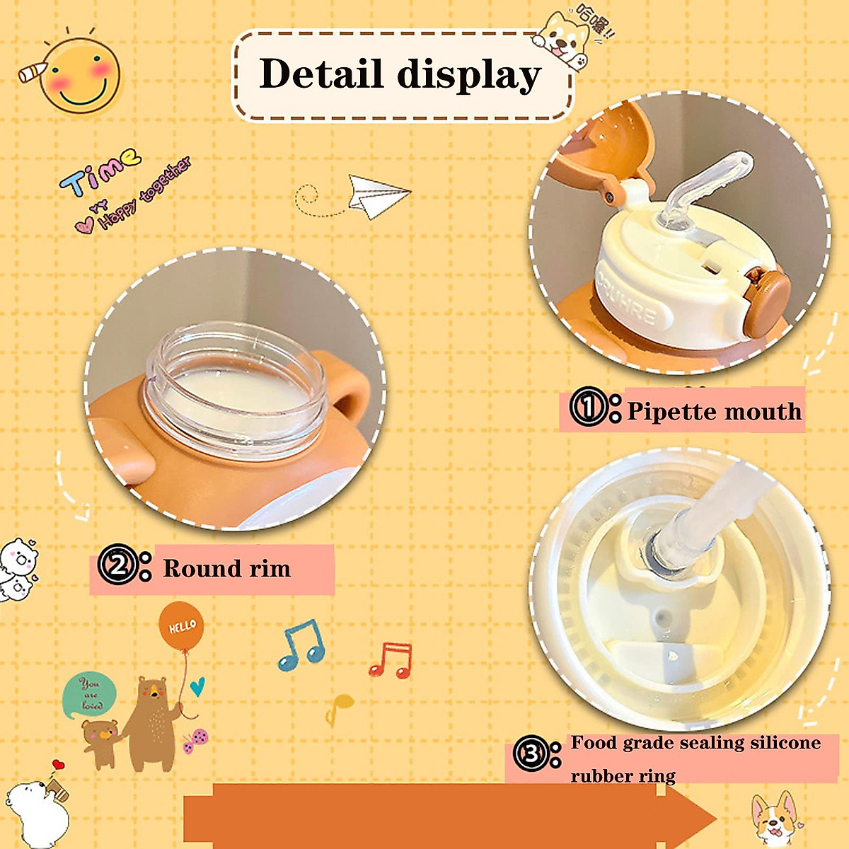 FEUSEUZ Kawaii Water Bottle 24 oz square transparent water bottle Cute little bear portable water bottle with strap and sticker (coffee,700ml)