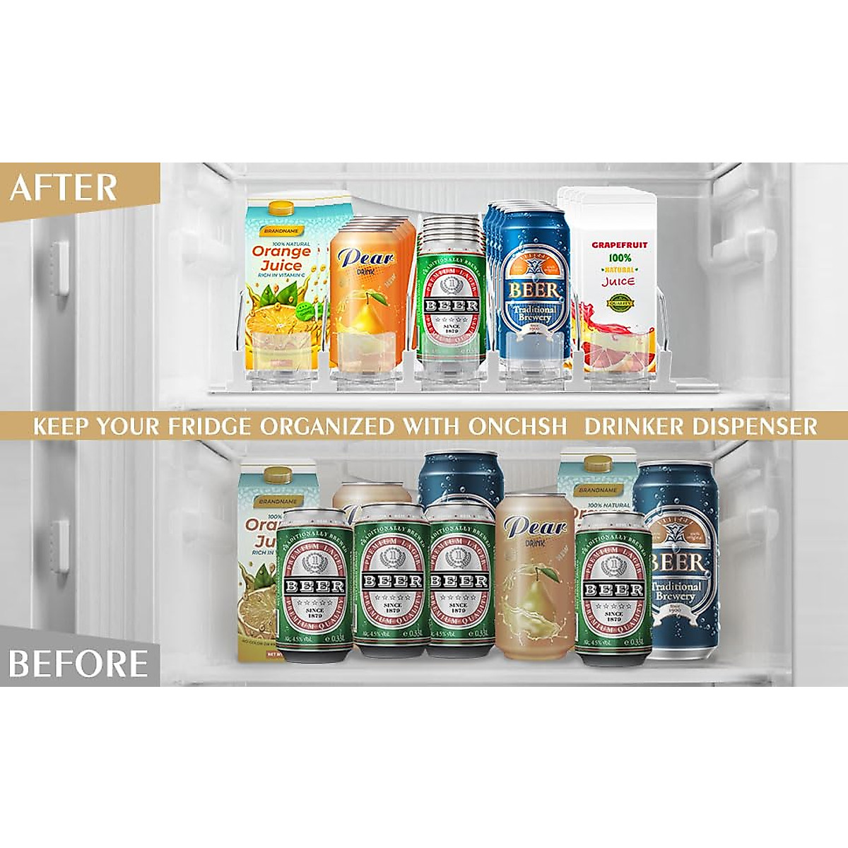 ONCHSH Drink Organizer for Fridge,Soda Can Drink Organizer for Refrigerator,Beer Pop Can Water Bottle Storage for Pantry,Width Adjustable Beverage Pusher Glide (White, 16.4"D - 5 Rows)