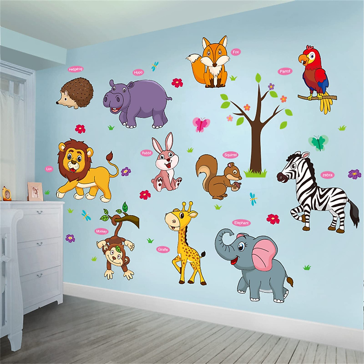 Animal Wall Sticker Cartoon Baby Children DIY Art Decal Self-Adhesive Wallpaper Mural Decorate for Living Room TV Sofa Background Bedroom Kids Room Nursery