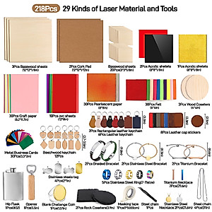 Adrattnay Laser Material Explore Kit, 218PCS Laser Engraving Material for Laser Crafting, 29 Kinds Laser Material Includes Basswood, Acrylic, Leather, Metal Necklace Bracelet Ring for Laser Engraver