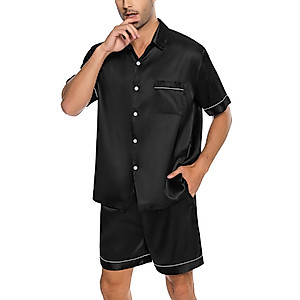 SWOMOG Men Silk Satin Pajamas Set Button Down Sleepwear Short Sleeve Pjs Set Soft 2 Piece Lounge Set Nightwear with Pockets Black Medium