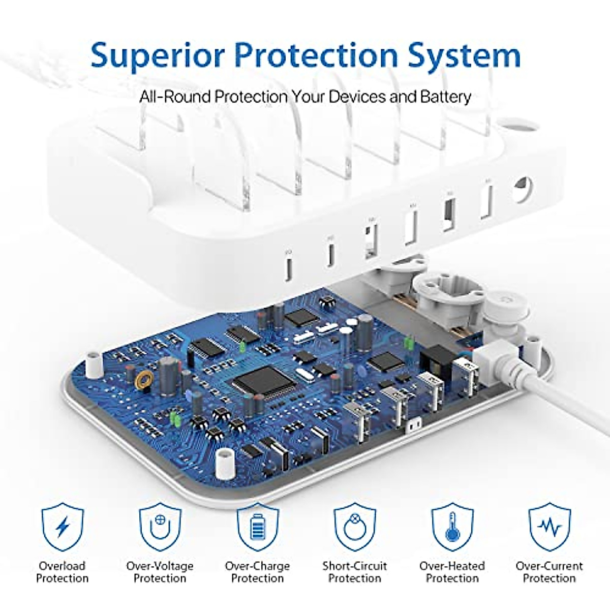 SooPii 70W 6 Port USB Charging Station for Multiple Devices With 2 AC Outlets,4 USB-A Ports and 2 USB C PD Ports,6pcs Mixed Charging Cables Included,Compatible for Tablets,Phones and Other Electronics
