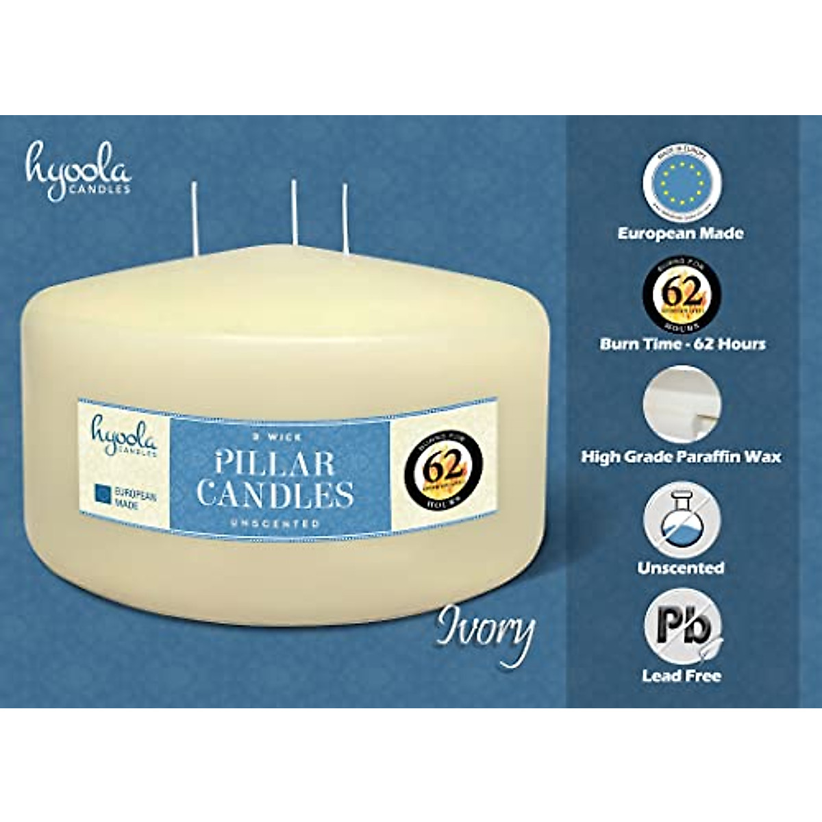 HYOOLA Ivory Three Wick Large Candle - 6 x 3 Inch - Unscented Big Pillar Candles - 62 Hour - European Made