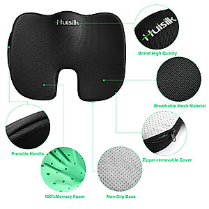 HUISILK Seat Cushion for Office Chair Car- Memory Foam Coccyx Pad - Comfort Sciatica Pillows Support Back Hip Tailbone Pain Relief (Black)