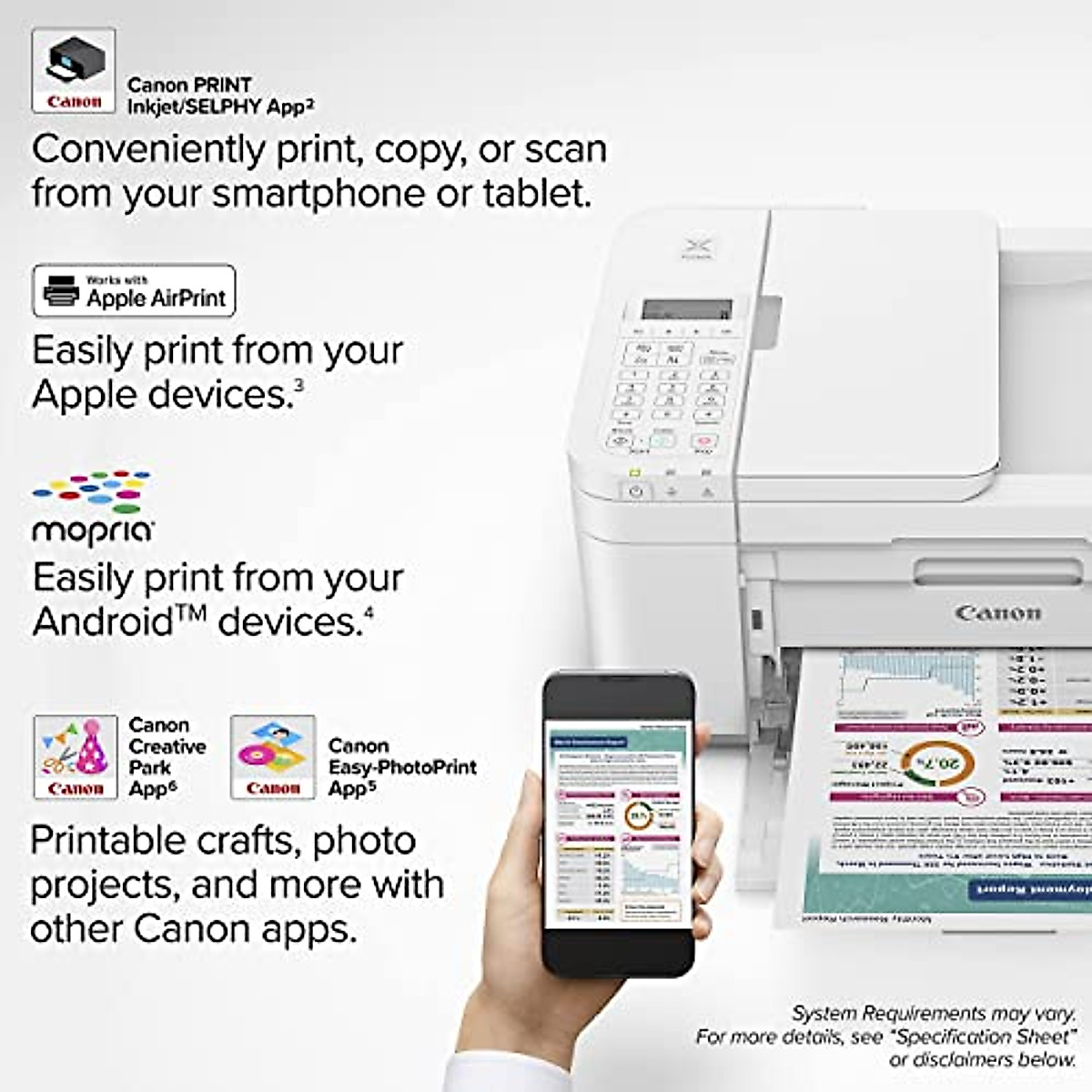 Canon PIXMA TR4720 Wireless Color All-in-One Inkjet Printer, White - Print Copy Scan Fax - 4800 x 1200 dpi, Auto 2-Side Printing, 20-Sheet ADF, 2-Line LCD Display, DAODYANG Printer_Cable