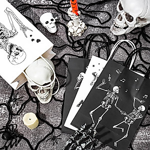 Whaline 16Pcs Halloween Skeleton Paper Gift Bags Black White Skull Party Favor Bags with Handle 4 Designs Goodie Candy Treat Bags for Halloween Party Decor Supplies