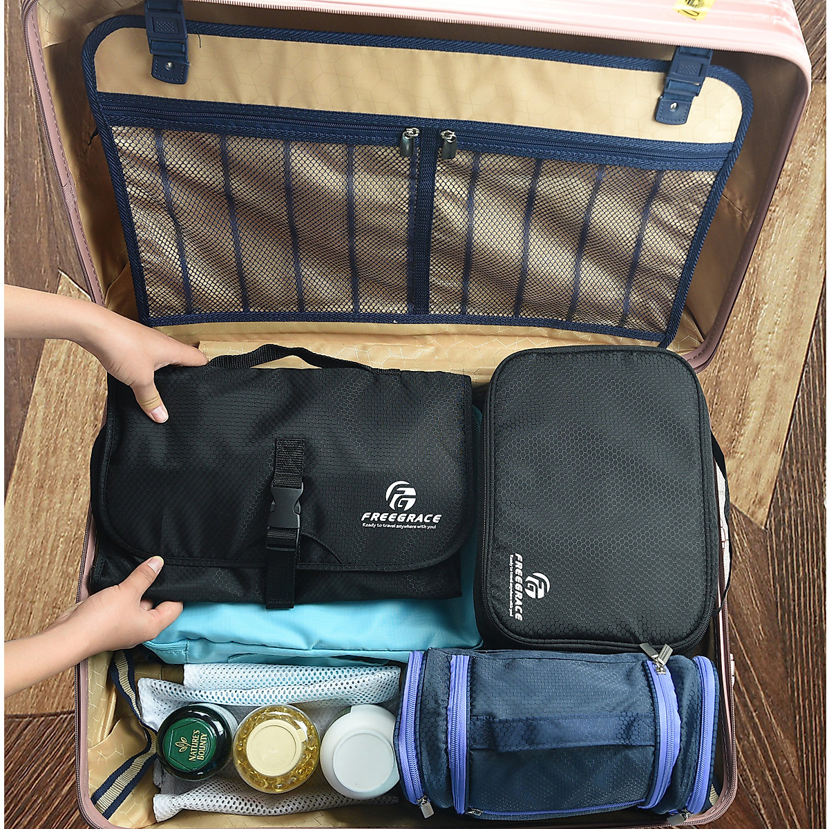 Freegrace Premium Hanging Toiletry Travel Bag - Cosmetic, Jewelry, Toiletry & Accessory Storage Organizer Bag, Large Size, Various Compartments (Black)