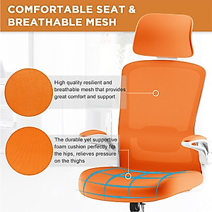 Mimoglad Home Office, High Back Ergonomic Desk Adjustable Lumbar Support and Headrest, Swivel Task Chair with flip-up Armrests for Guitar Playing, 5 Years Warranty, Carrot Orange