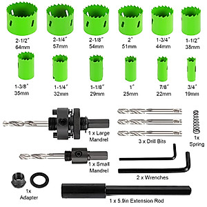 LifeIdeas Bi-Metal Hole Saw Kit, 22PCS Hole Saw Set with 3/4" to 2-1/2" 12 PCS Saw Blades in Case, High Strength Hard Alloy Steel, Mandrels, Hex Key, Drill Bits for Metal, PVC Board, Wood and Plywood
