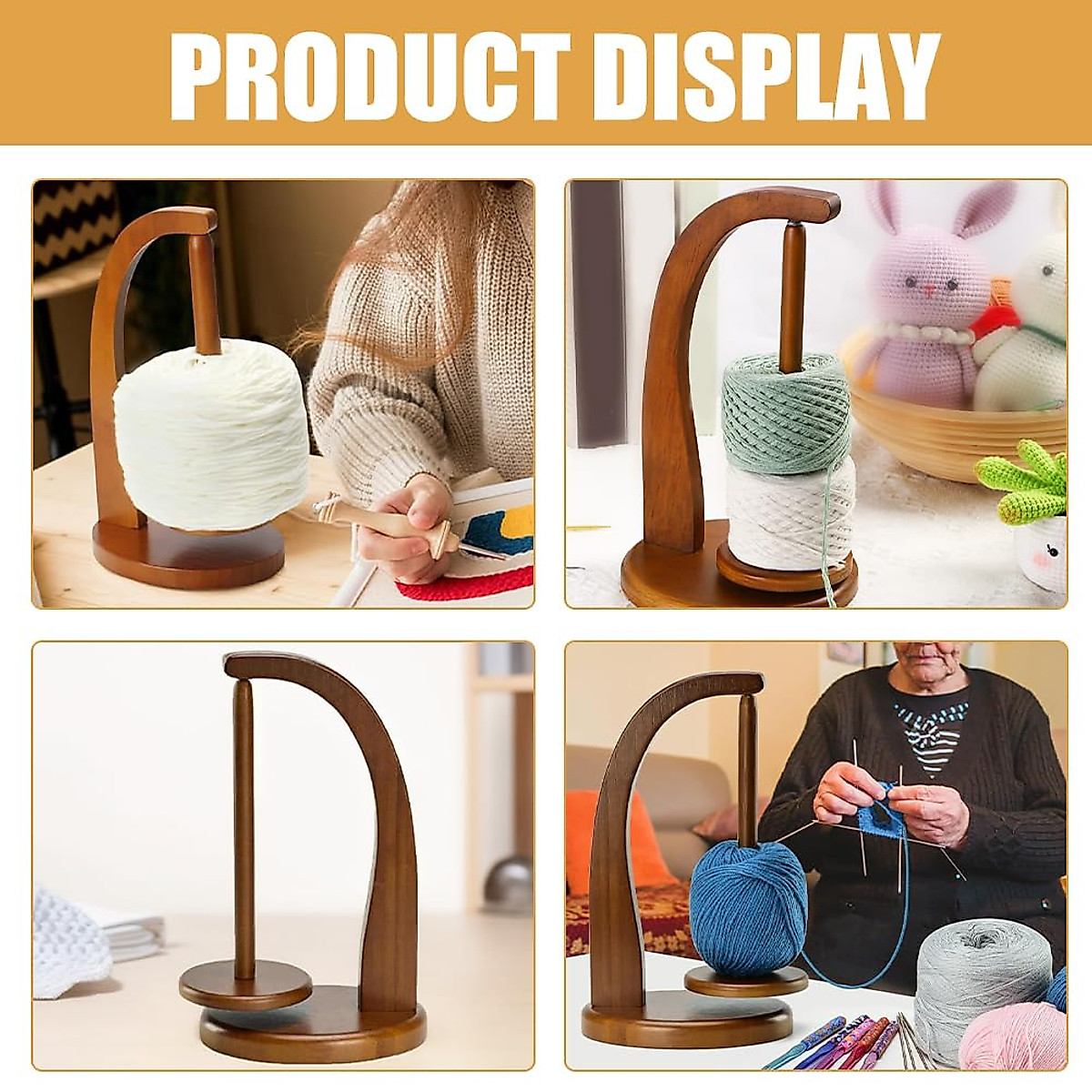 TOPPERFUN Wooden Yarn Spool Tool Wood Thread Rack Thread Spool Organizing Rack Yarn Holder for Crocheting Rotating Wooden Spool Stand Sewing Thread Stand Magnet Taper Thread To Weave, Light Brown