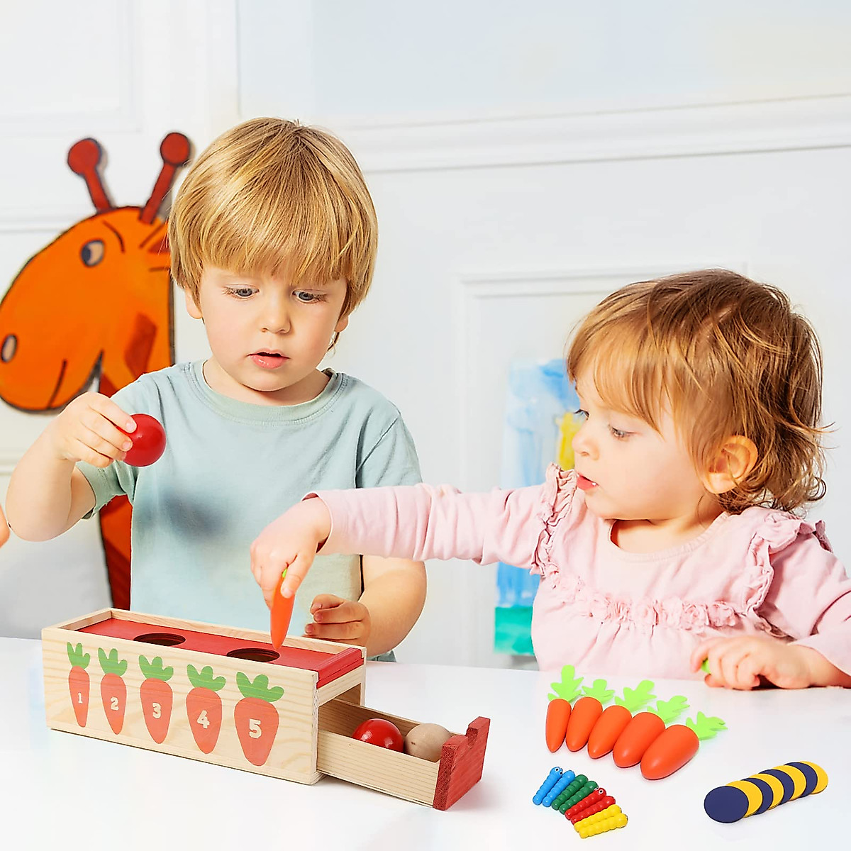 KIZBURG 5 in 1 Object Permance Box, Wooden Montessori Toys for 3 Year Old, Ball Drop, Coin Drop Game, Stacking Toys, Christmas Birthday Gifts for Toddlers